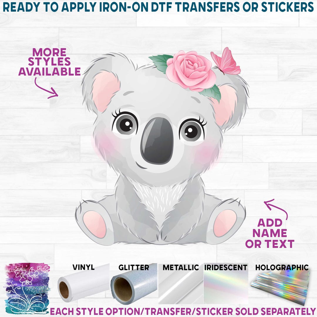 E361 Cute Baby Koala Pink Roses Flowers Watercolor Matte Vinyl DTF Heat ...