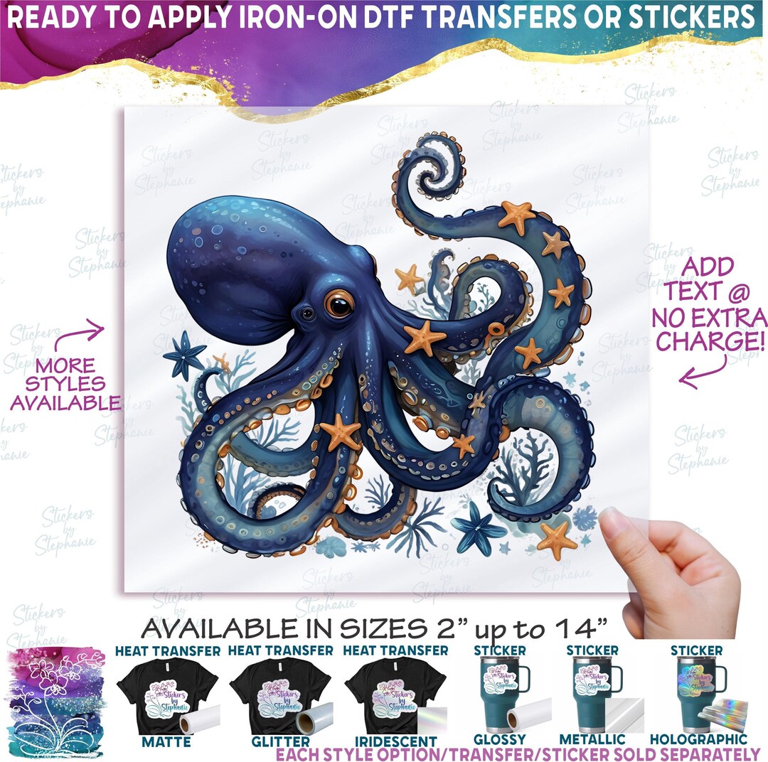 S262 Octopus Folk Watercolor Floral Flowers Iron on Vinyl DTF Transfer ...