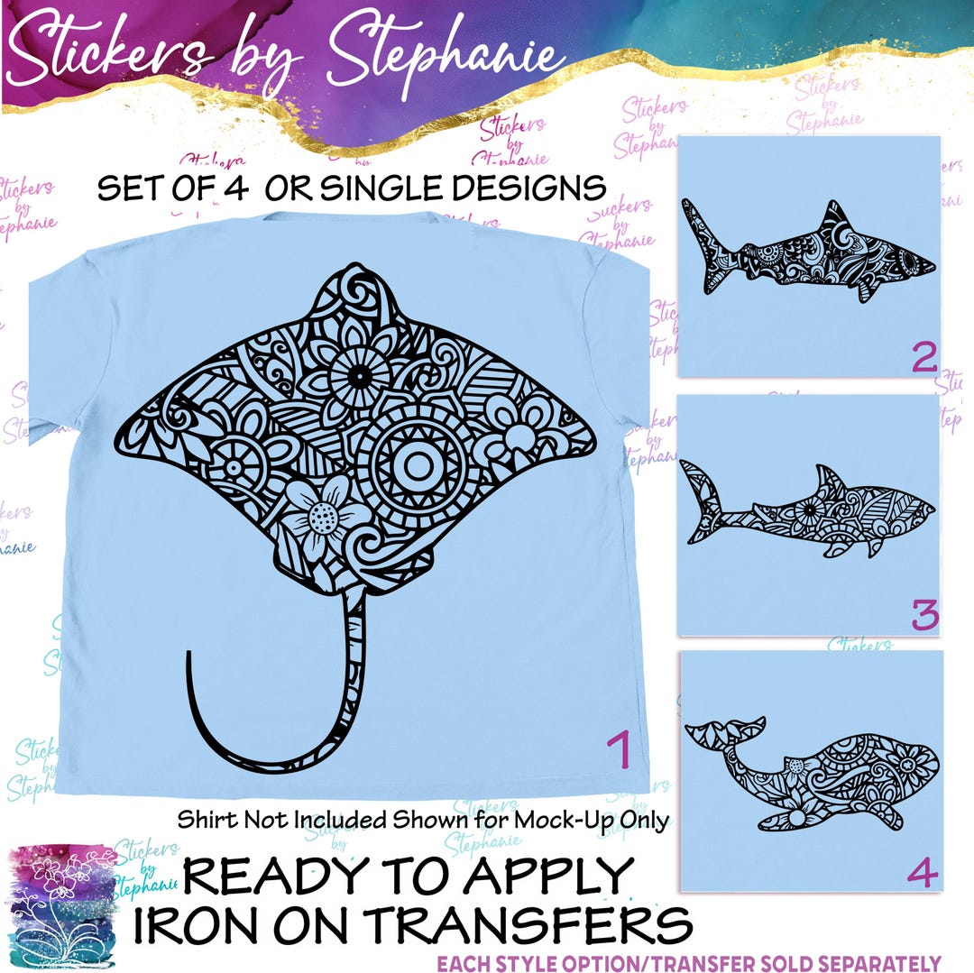 Shark, Whale, Sting Ray, Zentangle Iron on Matte Transfer - DIY Shirt ...