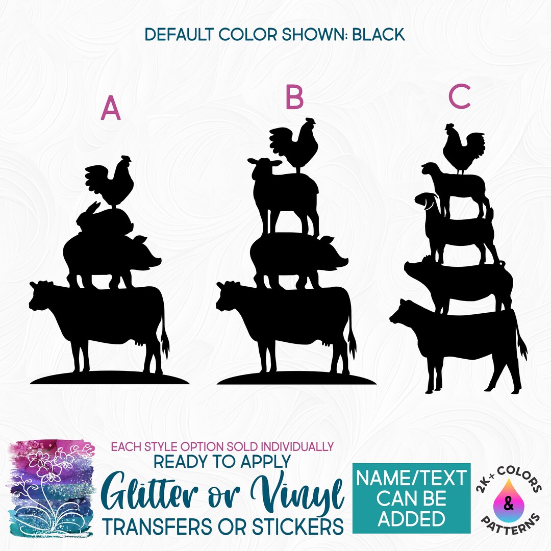 Uitem S003-6 Glitter or Vinyl Iron on Transfer or Sticker Stacked Farm Animals Chicken Rabbit ...