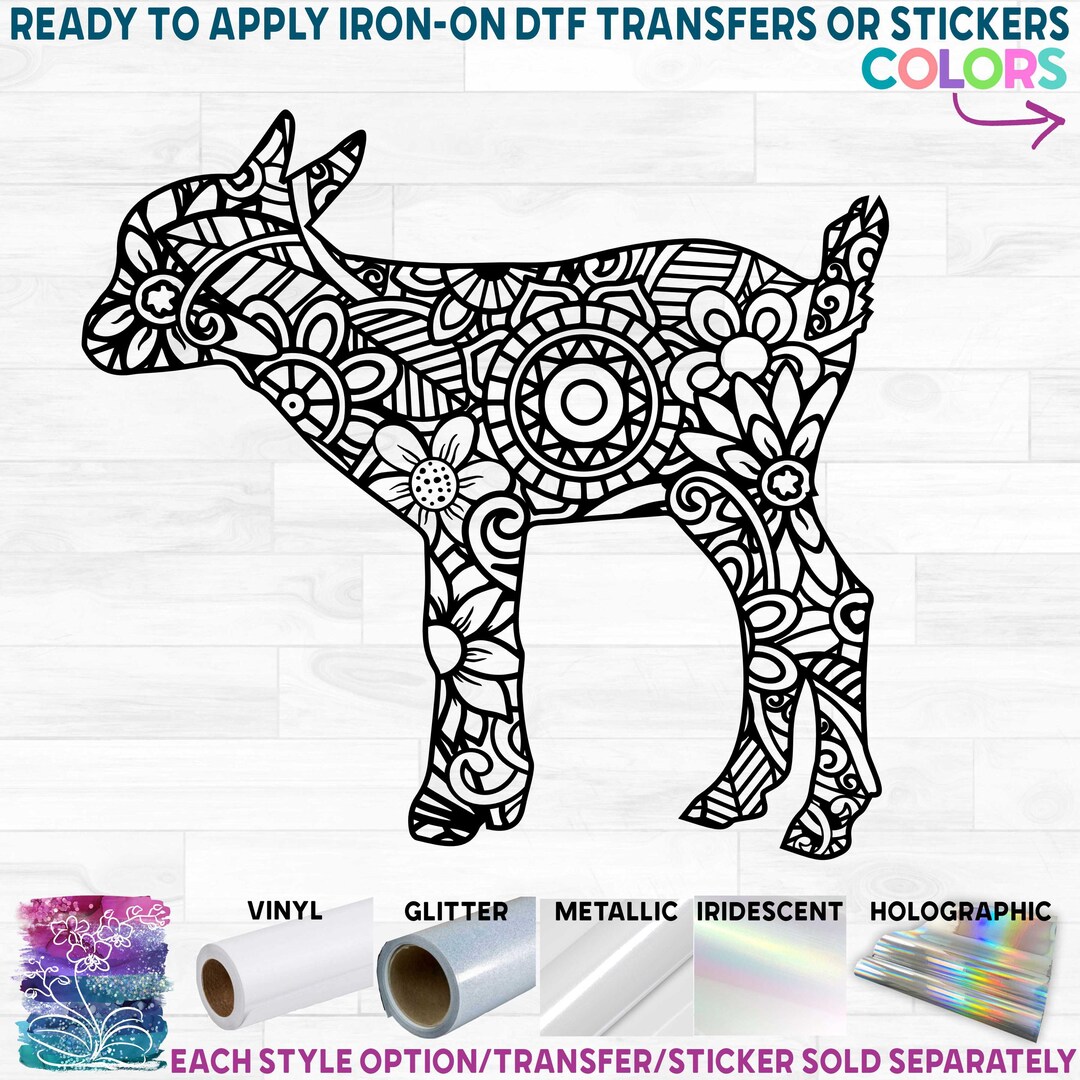 S011-1j Zentangle Baby Goat Kid Matte Vinyl DTF Heat Applied Iron on T ...