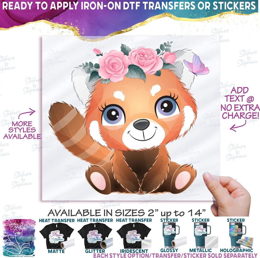 S361 Cute Baby Red Panda Pink Roses Flowers Watercolor Iron on Vinyl ...