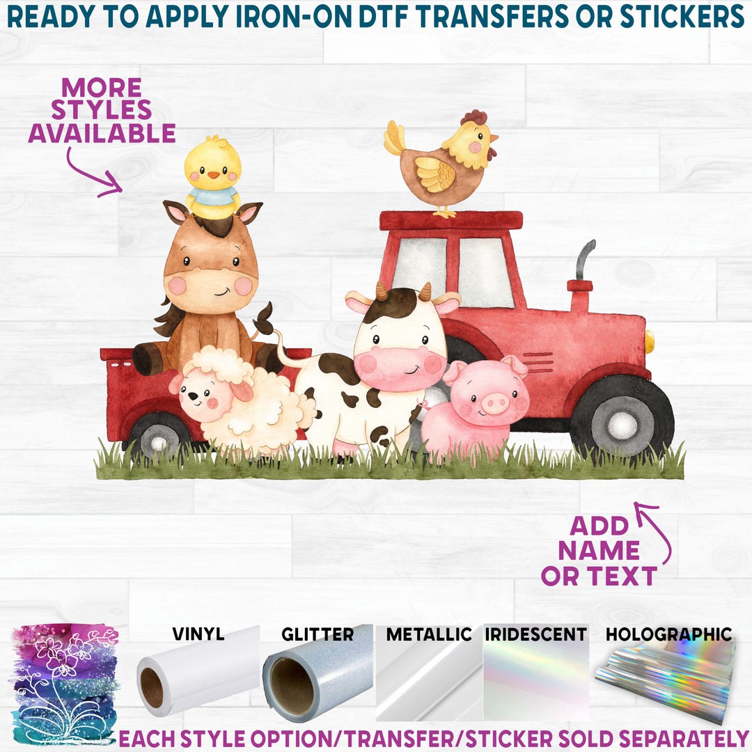 E034 Cute Red Tractor Farm Animals Cow Horse Chicken Sheep Matte Vinyl ...