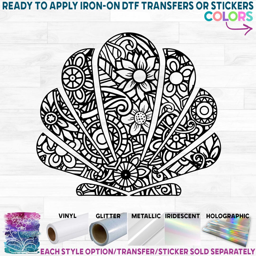 S011-1i4 Clam Scallop Sea Shell Zentangle Matte Vinyl DTF Heat Applied ...