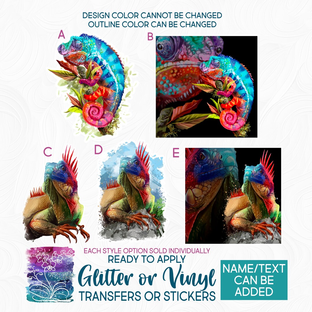 Item S109-15 Glitter or Vinyl Iron on Transfer or Sticker Watercolor Chameleon Iguana Lizard ...