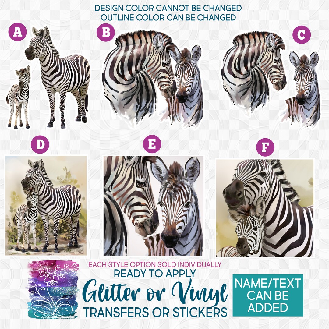 S109-40 Ready to Apply Ironon Transfer or Sticker Watercolor Zebra Zebras Mom and Baby Vinyl ...