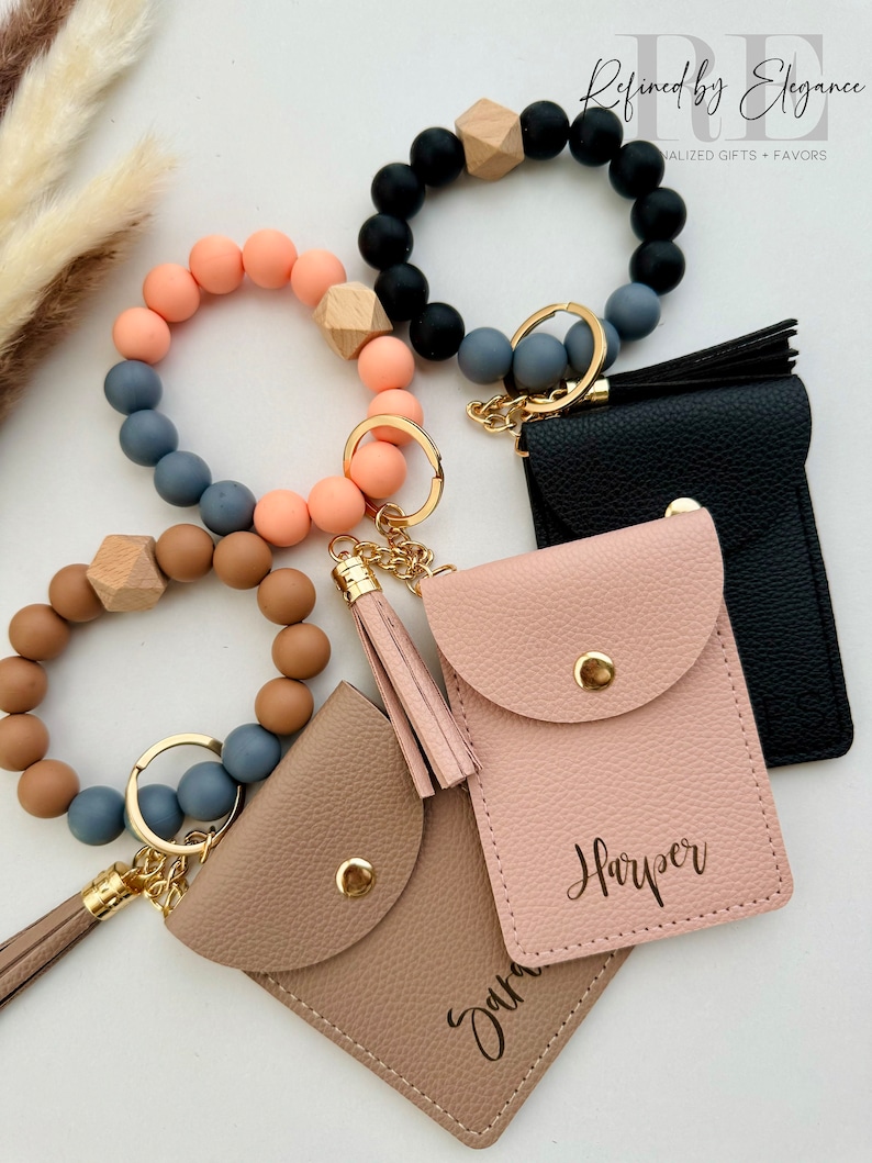 Personalized Silicone Beaded Wristlet Keychain: PU Leather Card Holder ...