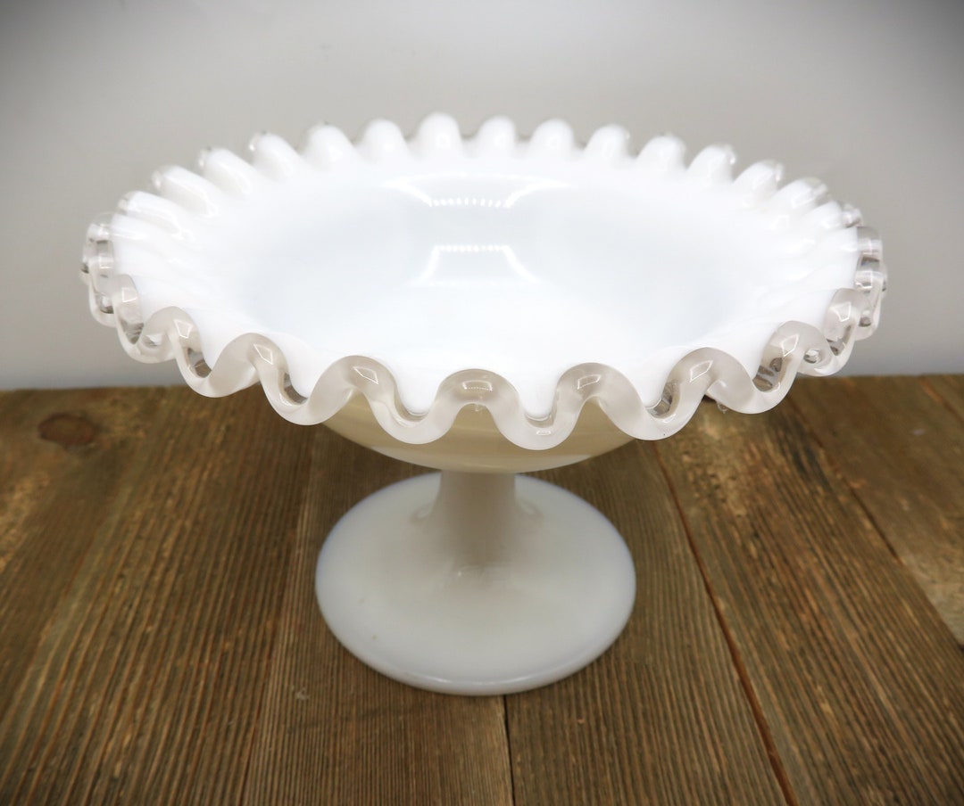 Fenton Silver Crest Milk Glass Footed Bowl With Clear Glass Ruffled ...