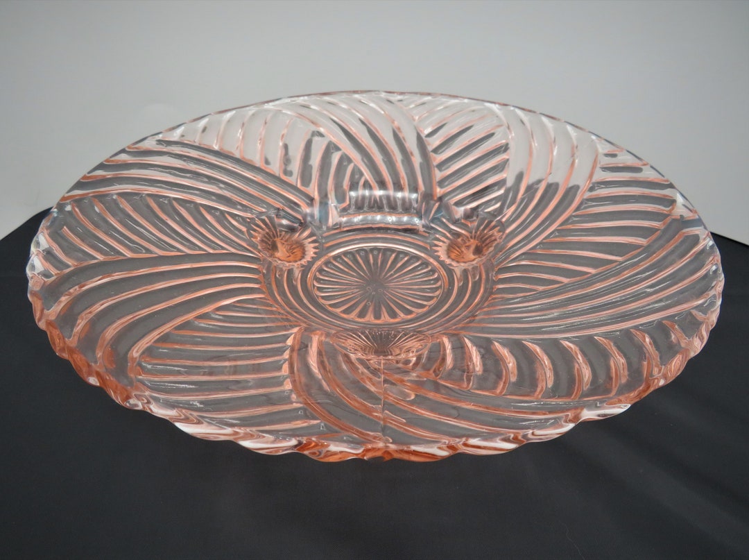 Pink Depression Glass Ribbed Swirl Design Footed Fruit Serving Bowl 10 ...
