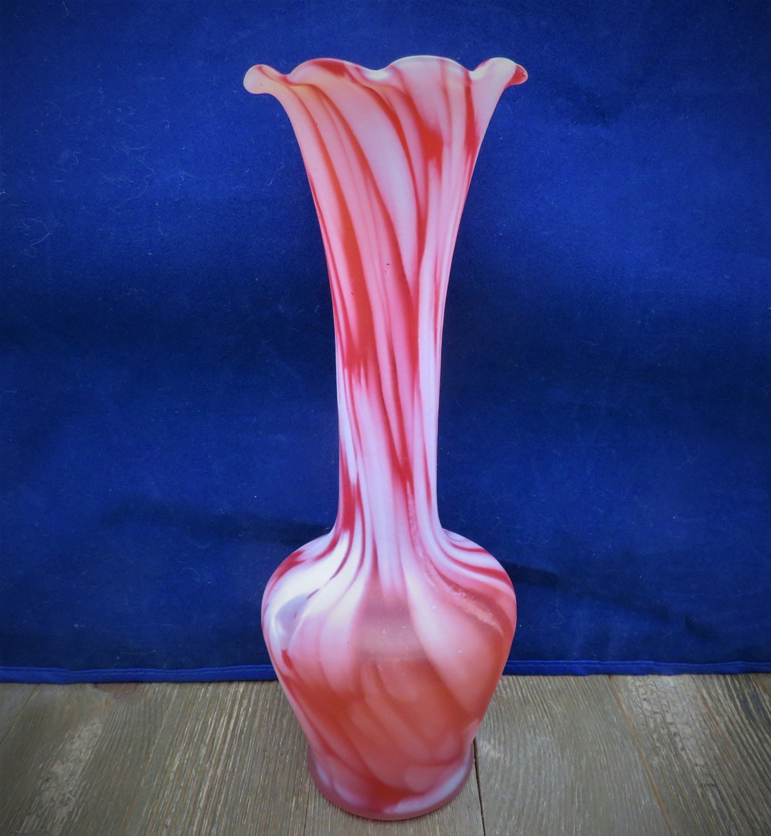 Red Orange Art Glass Vase With Red and White Swirl Stripes and Ruffled ...