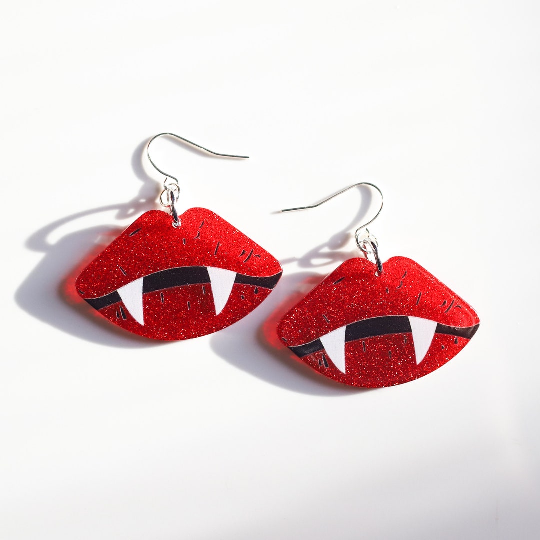 Red & Pink Vampire Lips Earrings in Silver - Etsy