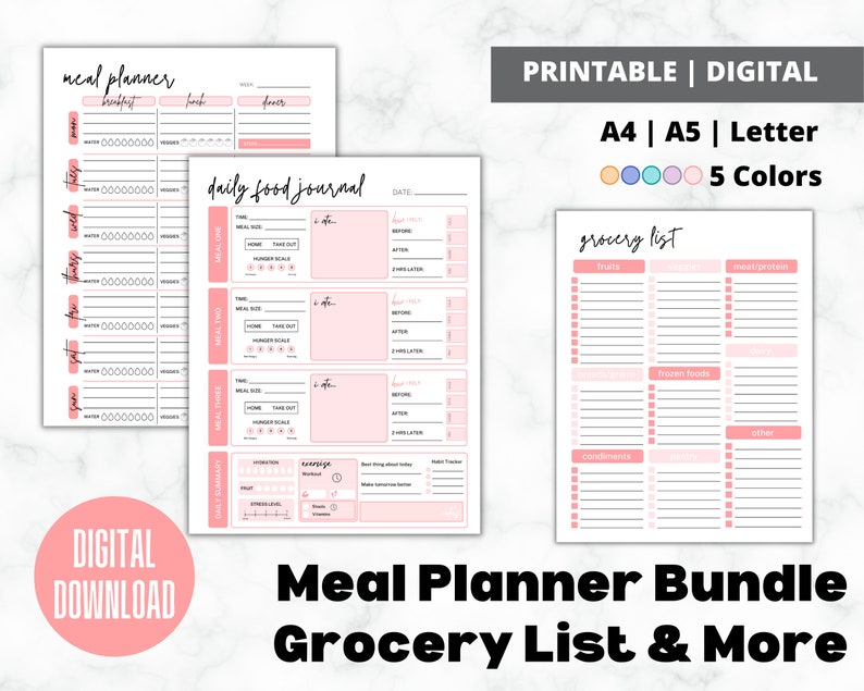 Daily Meal Planning | Printable Grocery List | Weekly Food Journal ...