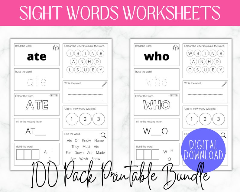 100 Printable Sight Words Kindergarten Worksheets Practice Spelling ...
