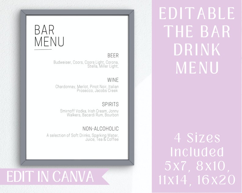 Editable Bar Menu Template | Customizable Drink List for Weddings ...