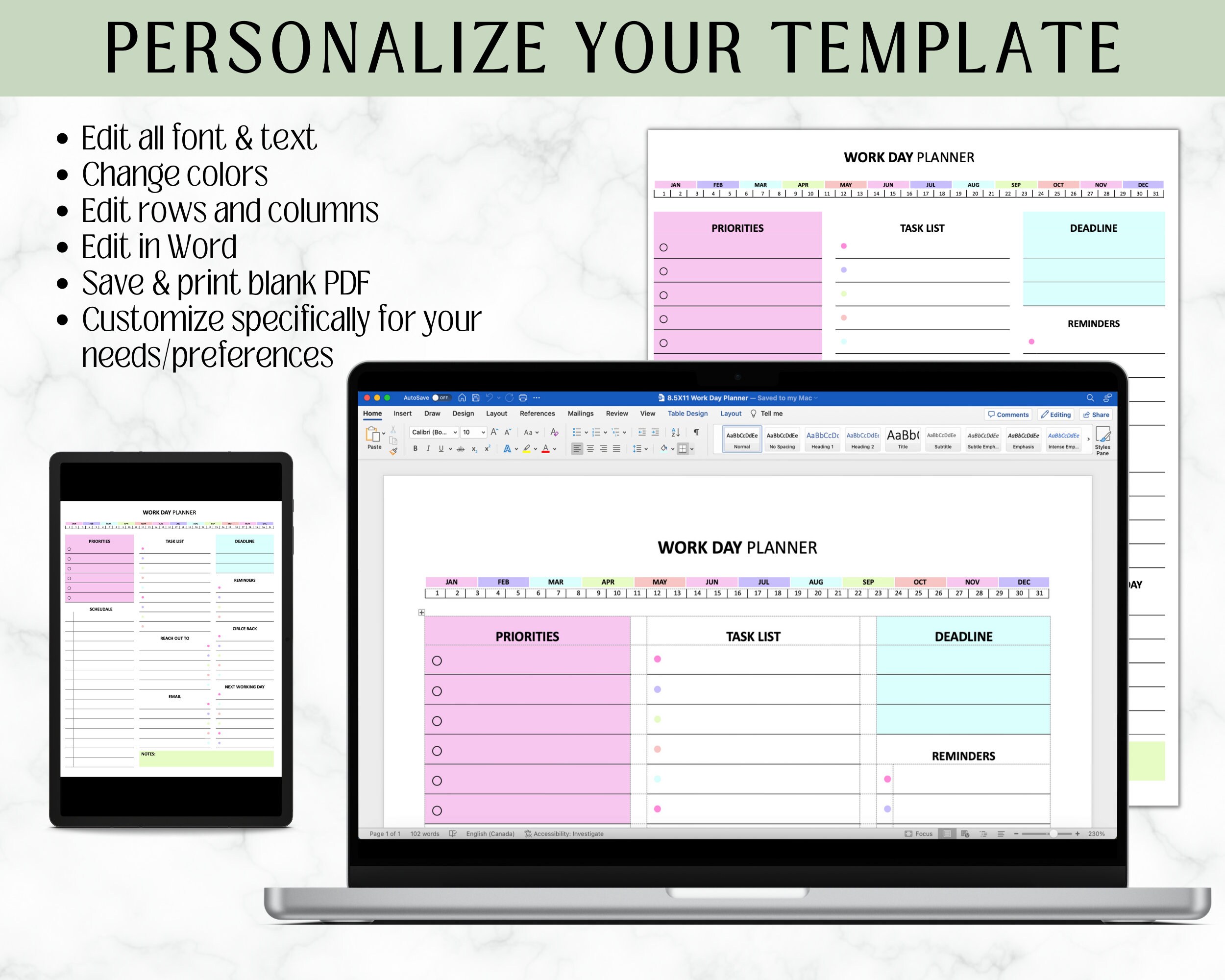 EDITABLE Work Planner Work Day Organizer Editable Daily Planner ...