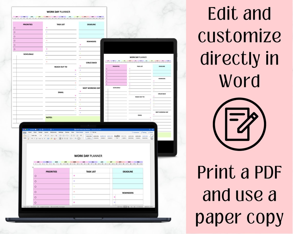 EDITABLE Work Planner Work Day Organizer Editable Daily - Etsy