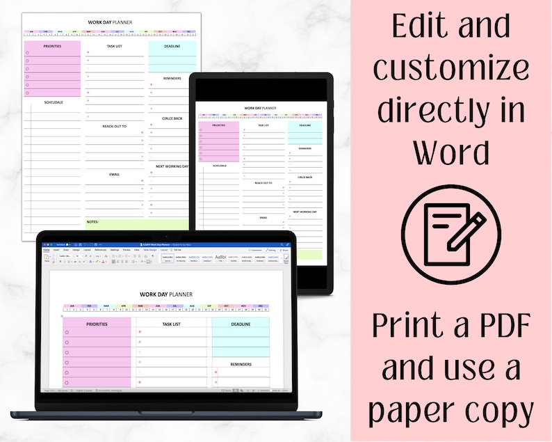 EDITABLE Work Planner Work Day Organizer Editable Daily Planner ...