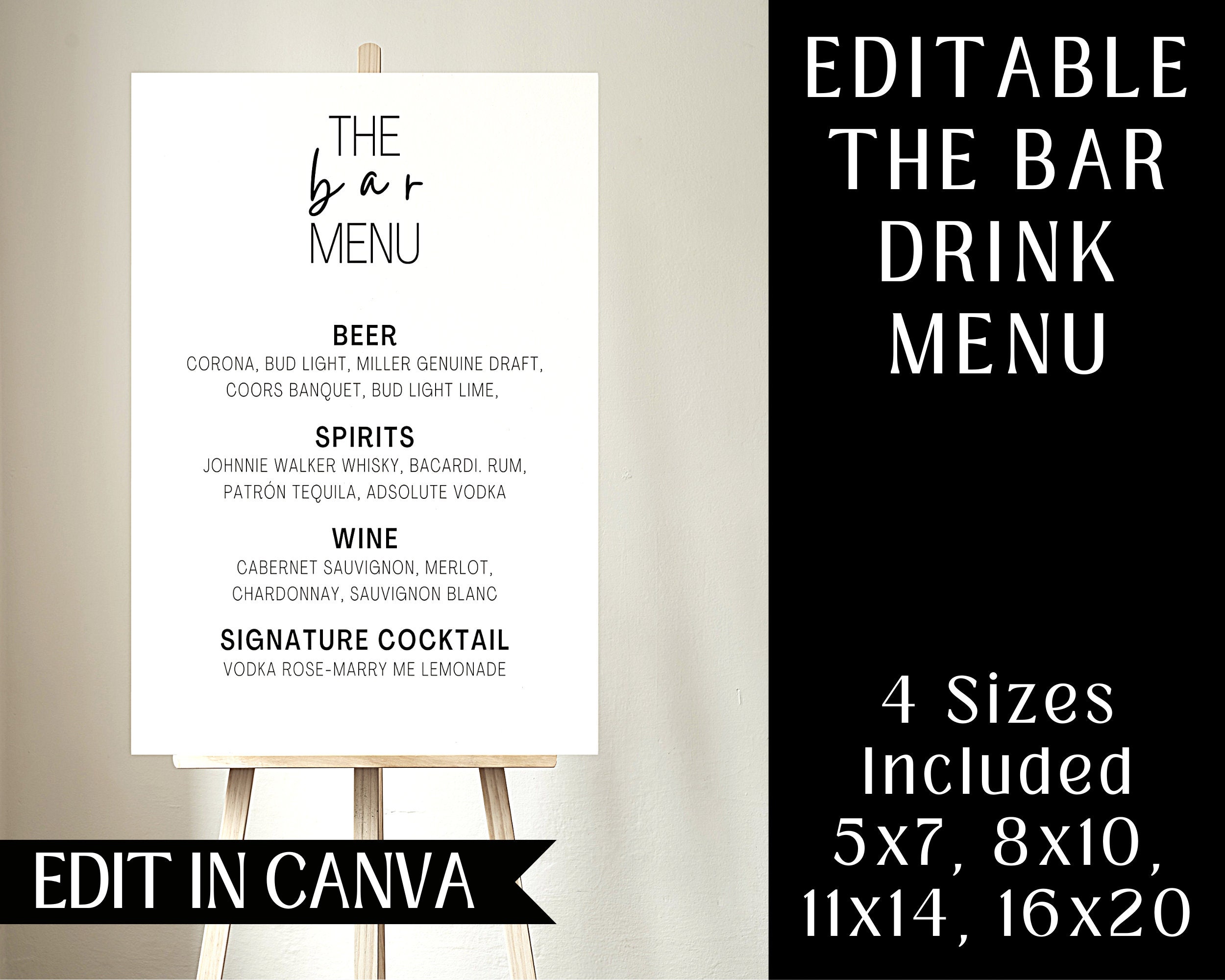 The Bar Menu | Editable | Wedding Drinks Sign | Signature Drink Menu ...