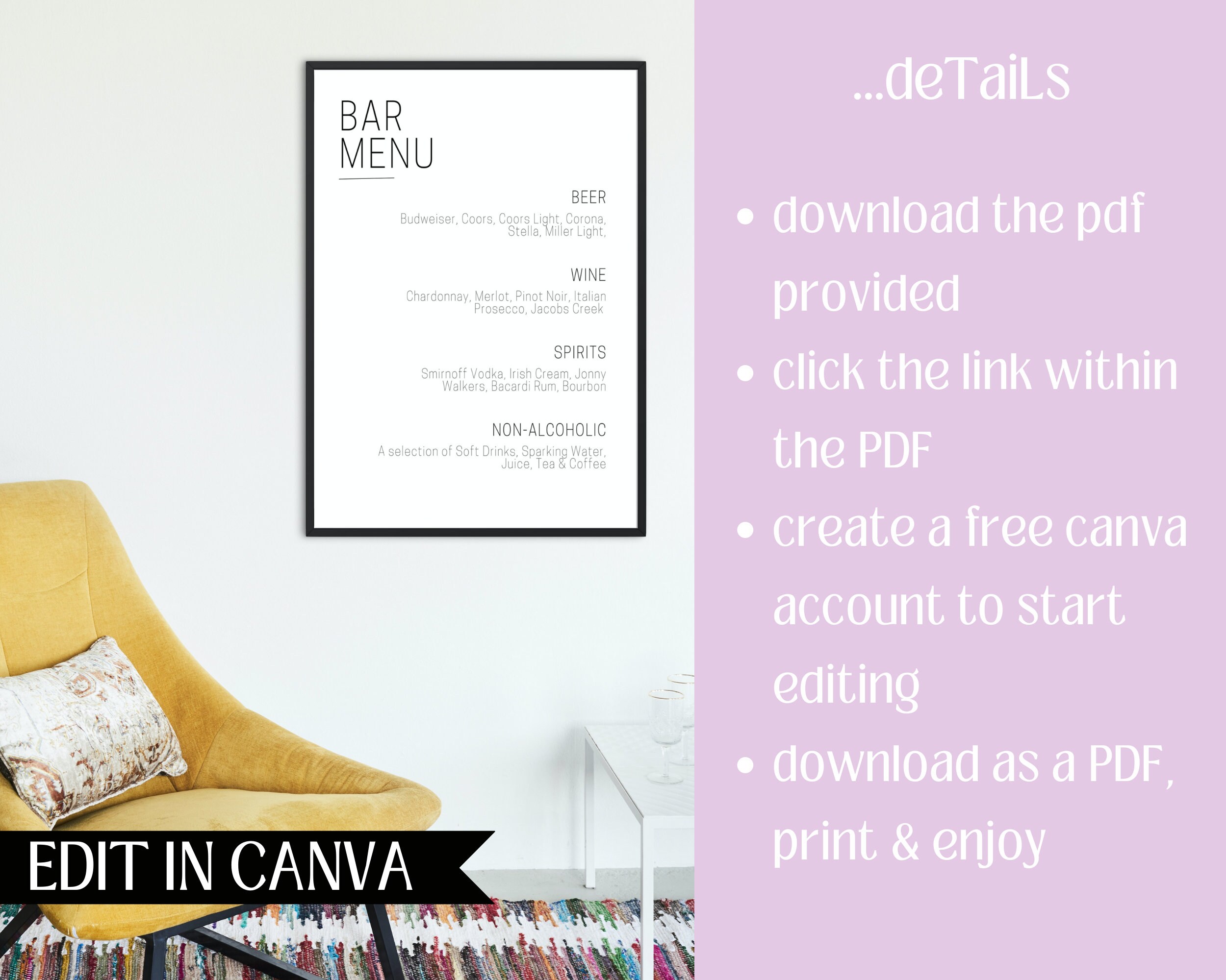 Editable Bar Menu Template Customizable Drink List for Weddings ...