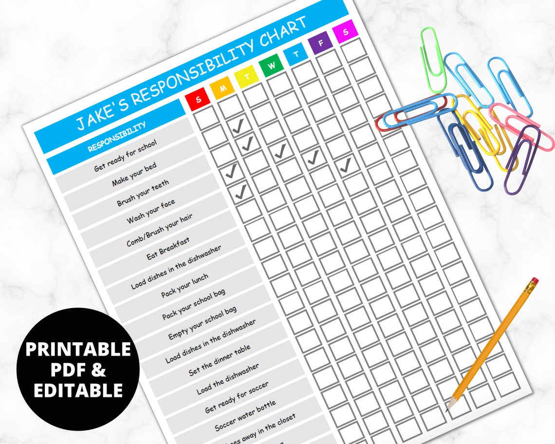 EDITABLE Responsibility Chart Printable Chore Chart Kids Reward Planner ...