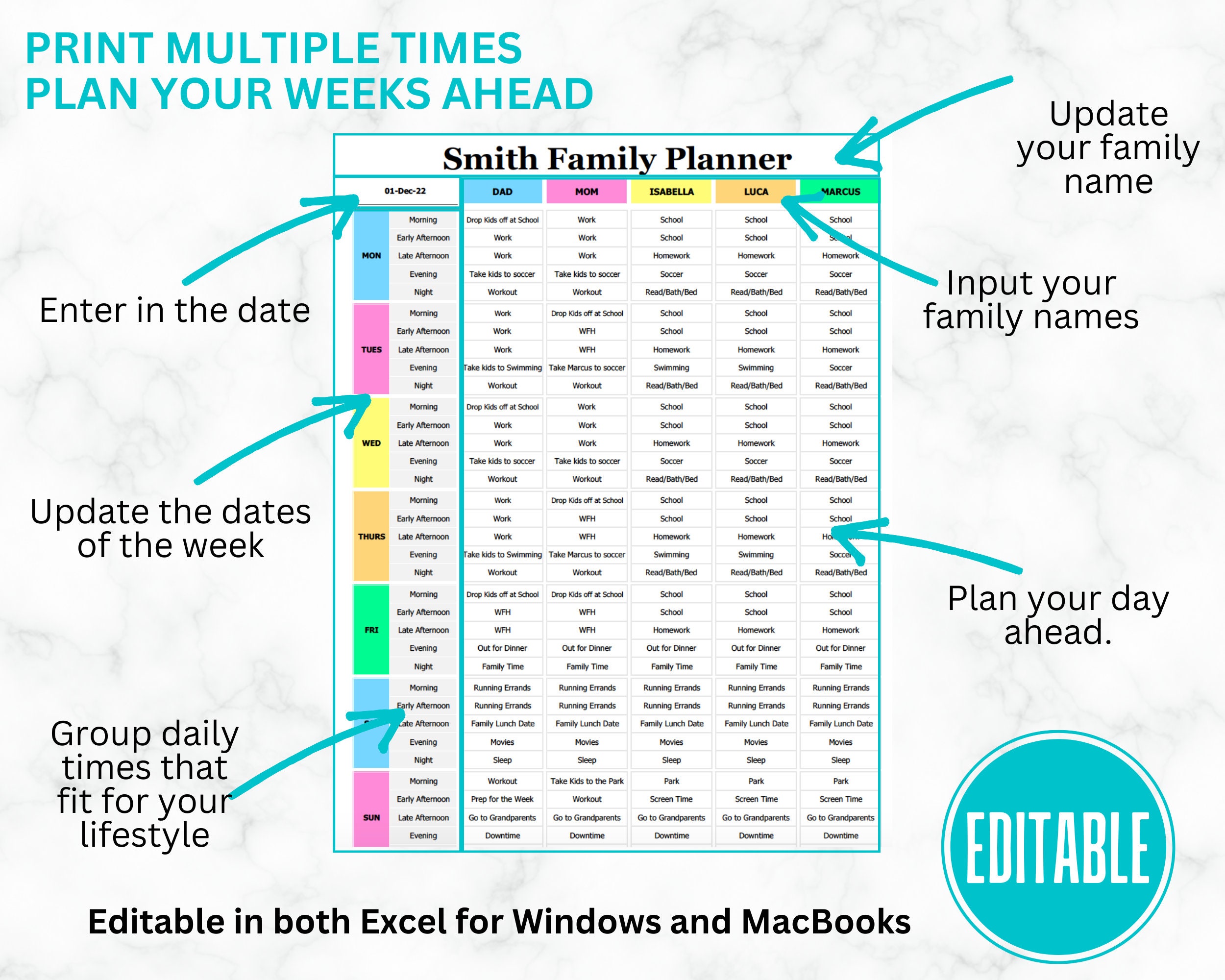 EDITABLE Daily Family Planner Schedule | Hourly Planner | Family ...