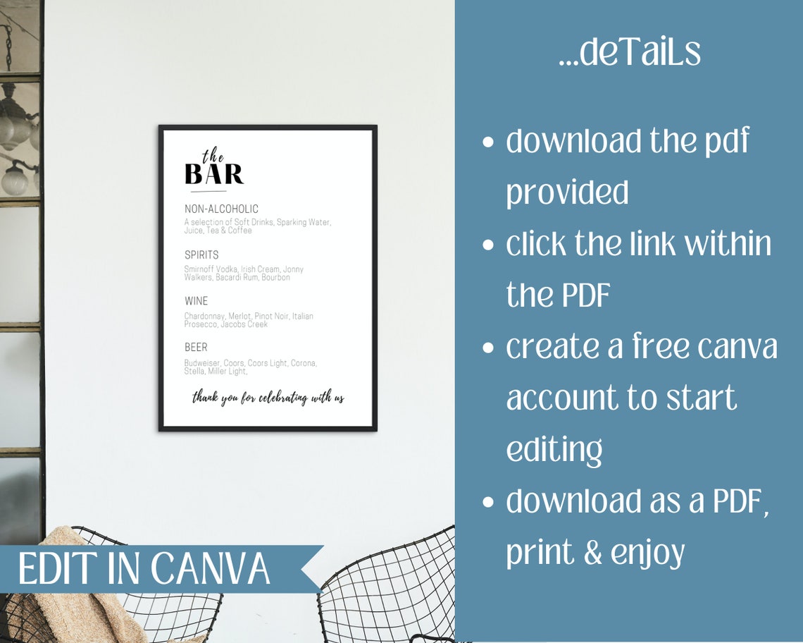 Editable Bar Menu Template Customizable Drink List for Weddings ...