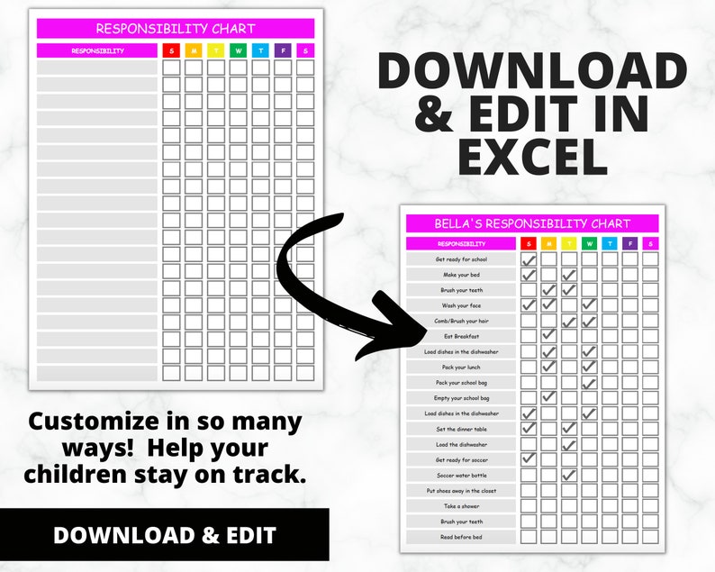 EDITABLE Responsibility Chart Printable Chore Chart Kids Reward Planner ...