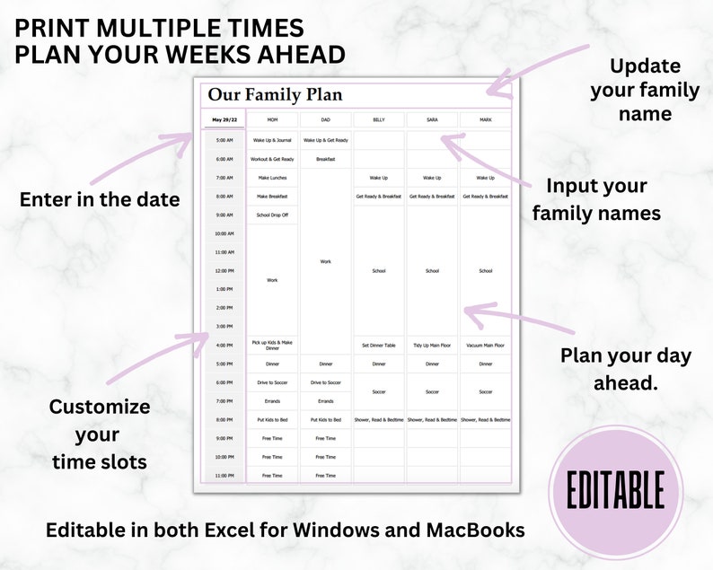 EDITABLE Daily Family Planner Schedule | Hourly Planner | Family ...