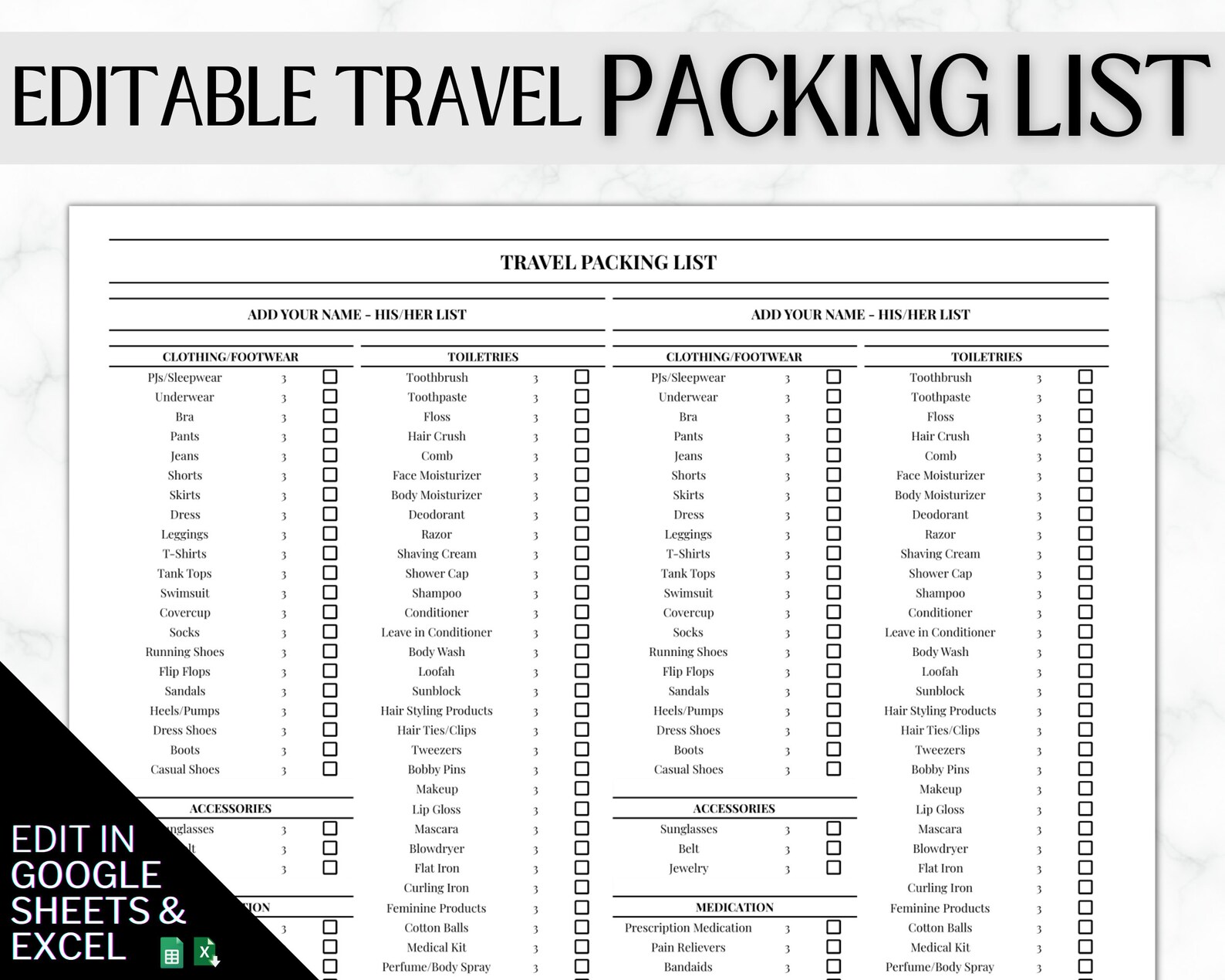 Travel Packing List Google Sheets Packing Checklist EDITABLE Wedding ...
