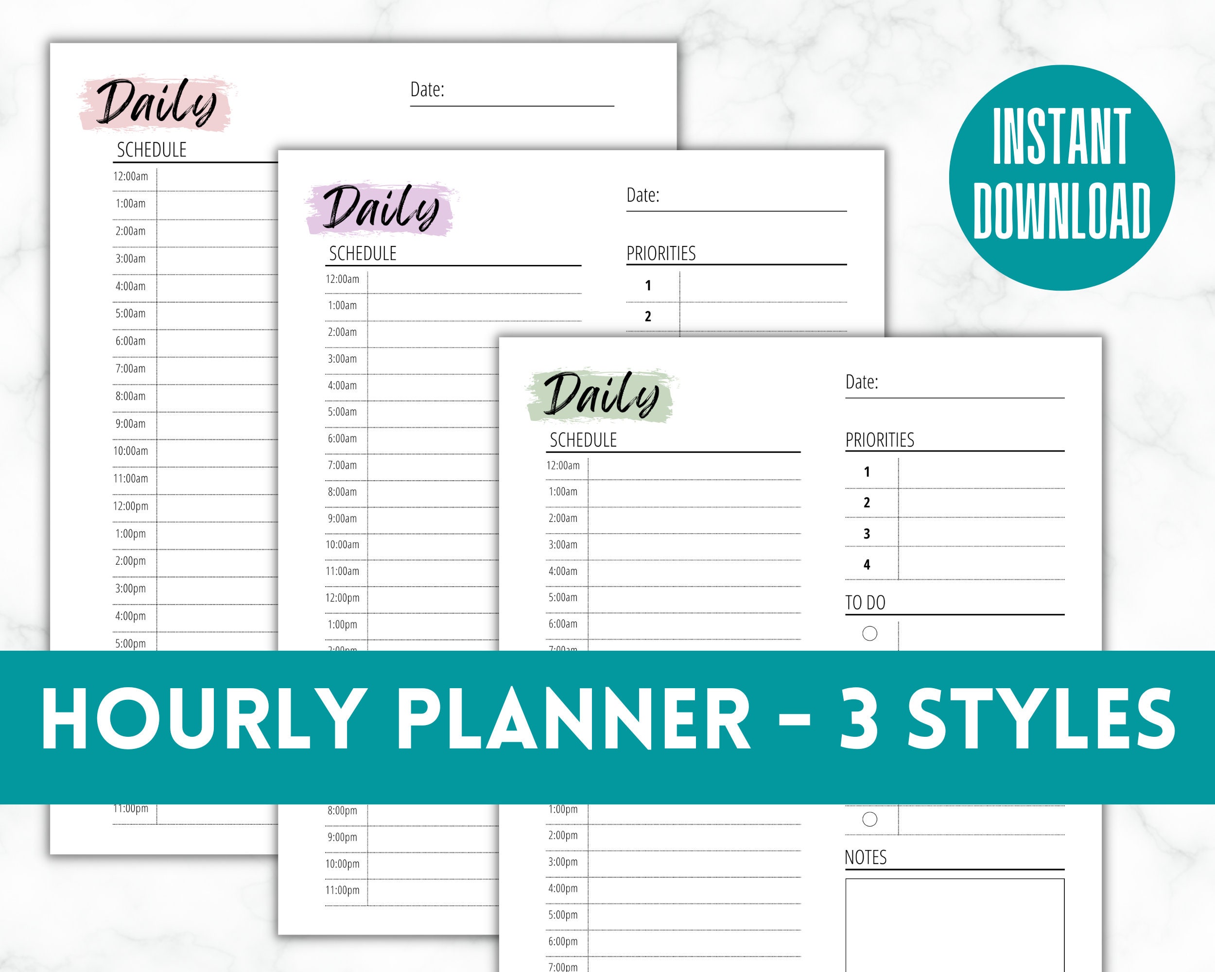 Daily Planner | 24 Hour Daily Planner Printable | Hourly | Work Day ...