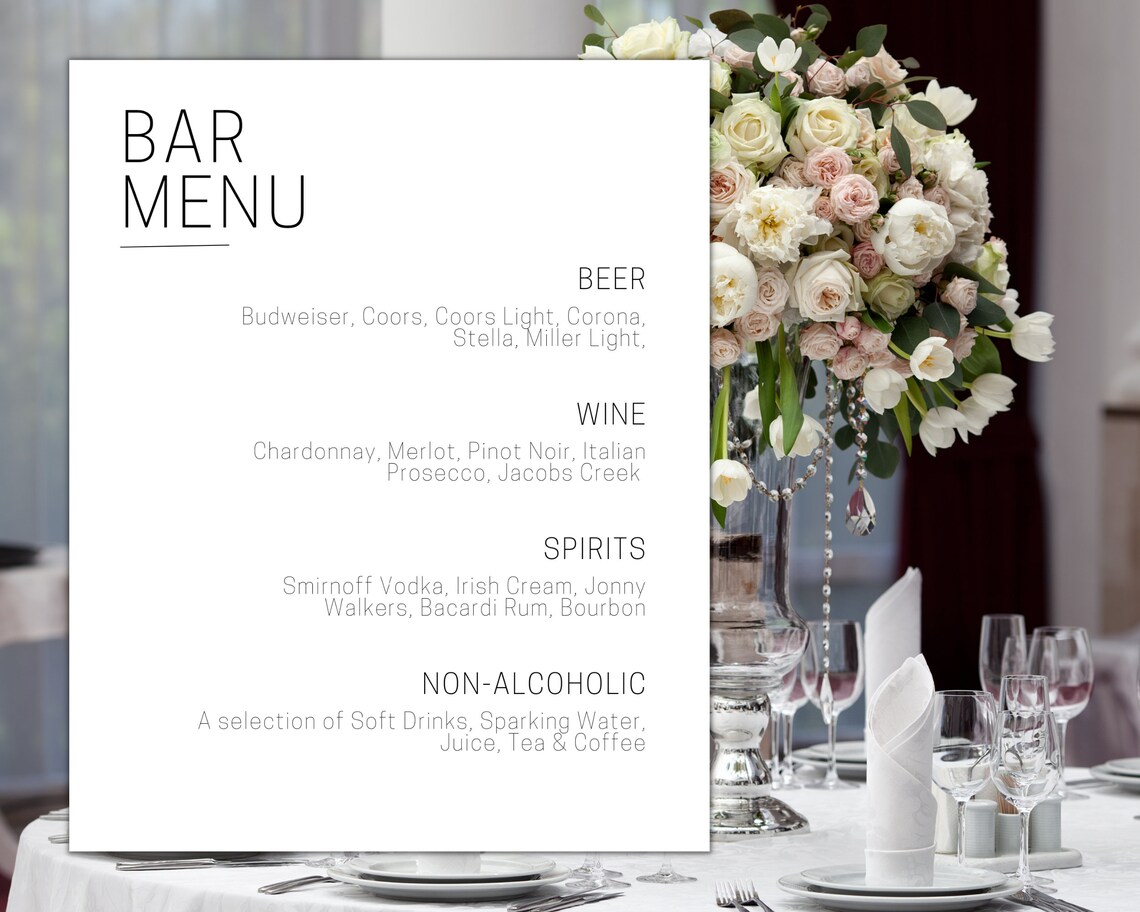 Editable Bar Menu Template | Customizable Drink List for Weddings ...