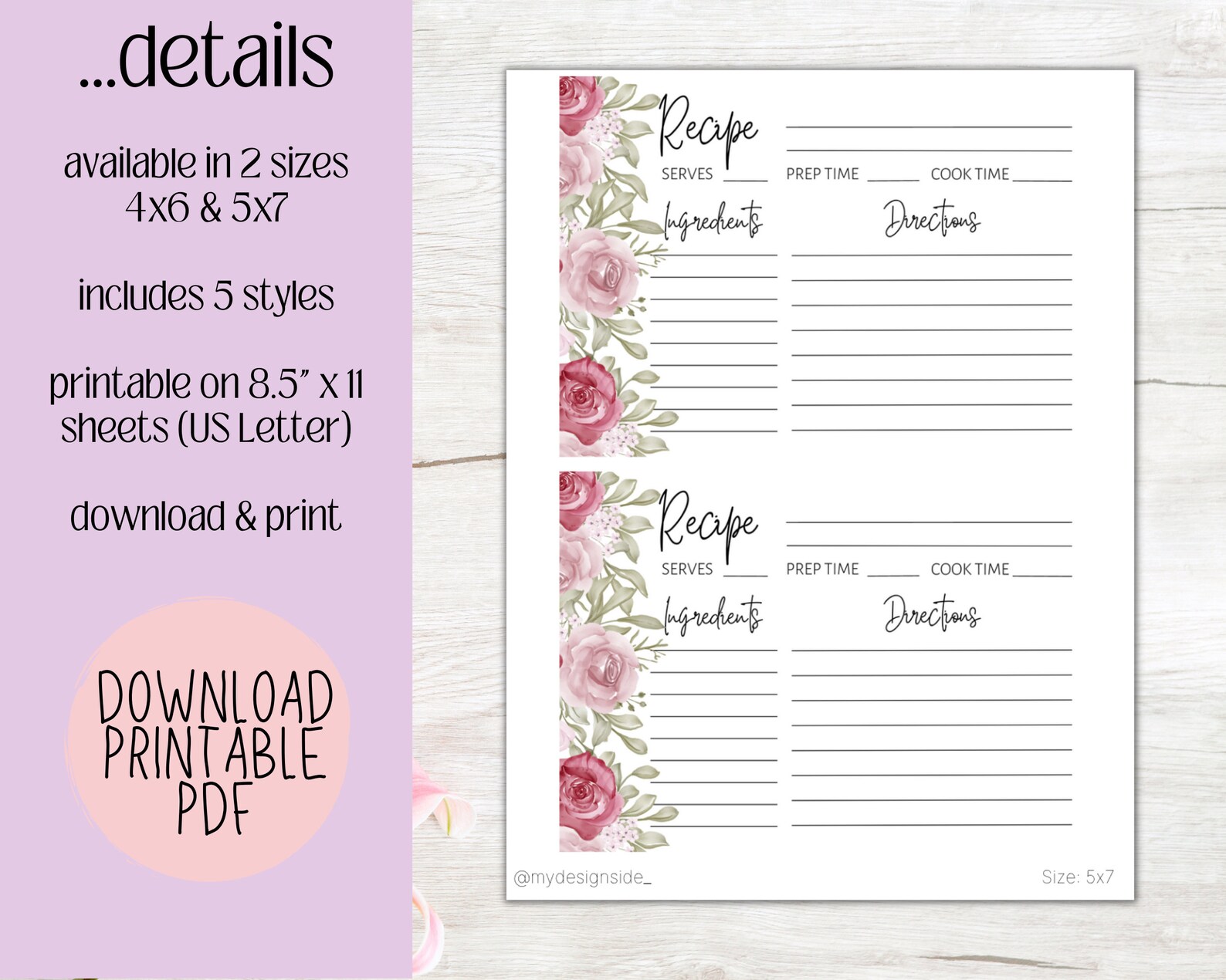 Recipe Card Template Floral Bridal Shower Wedding Shower Floral Theme ...