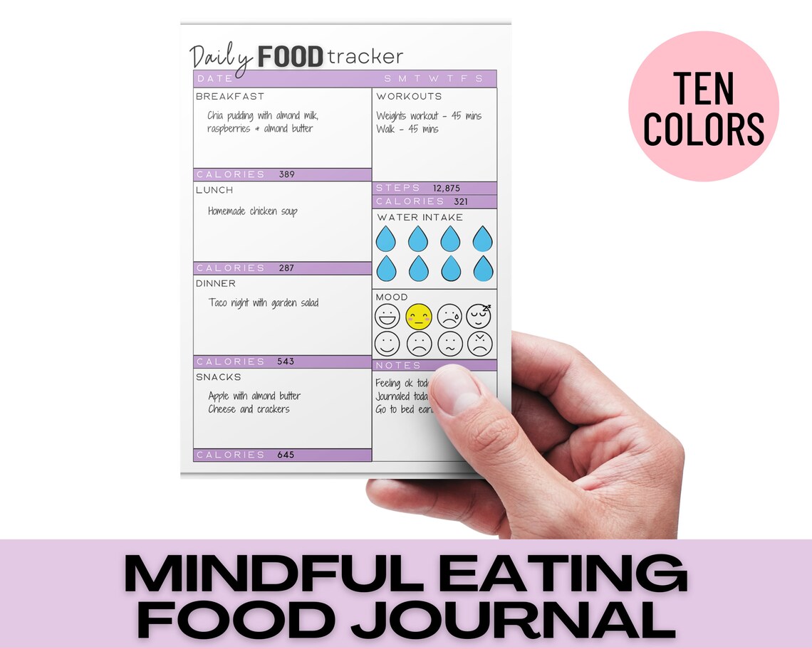 Mindful Eating Journal Printable Daily Food Diary Weight Loss Calorie ...