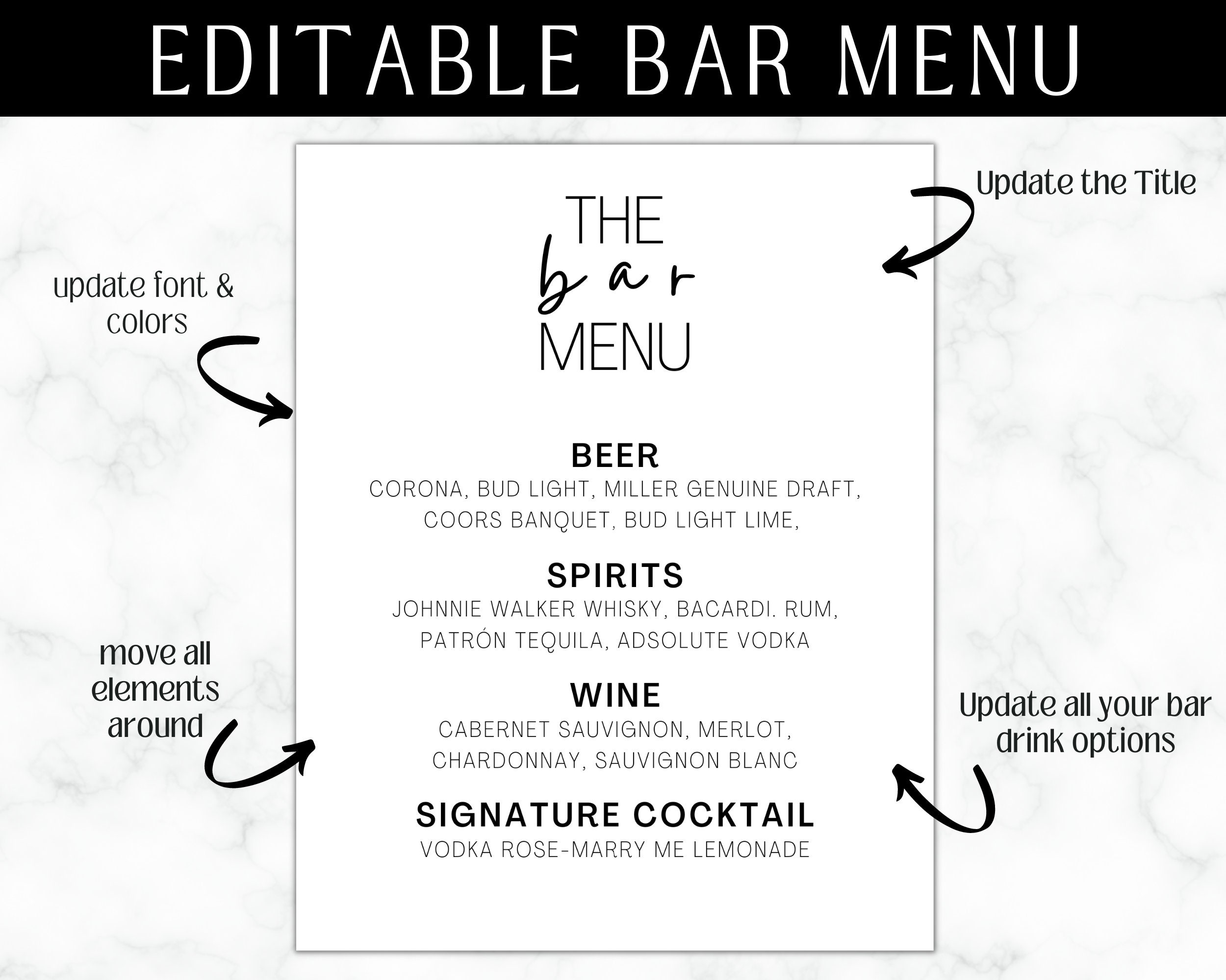 The Bar Menu Editable Wedding Drinks Sign Signature Drink Menu Alcohol ...