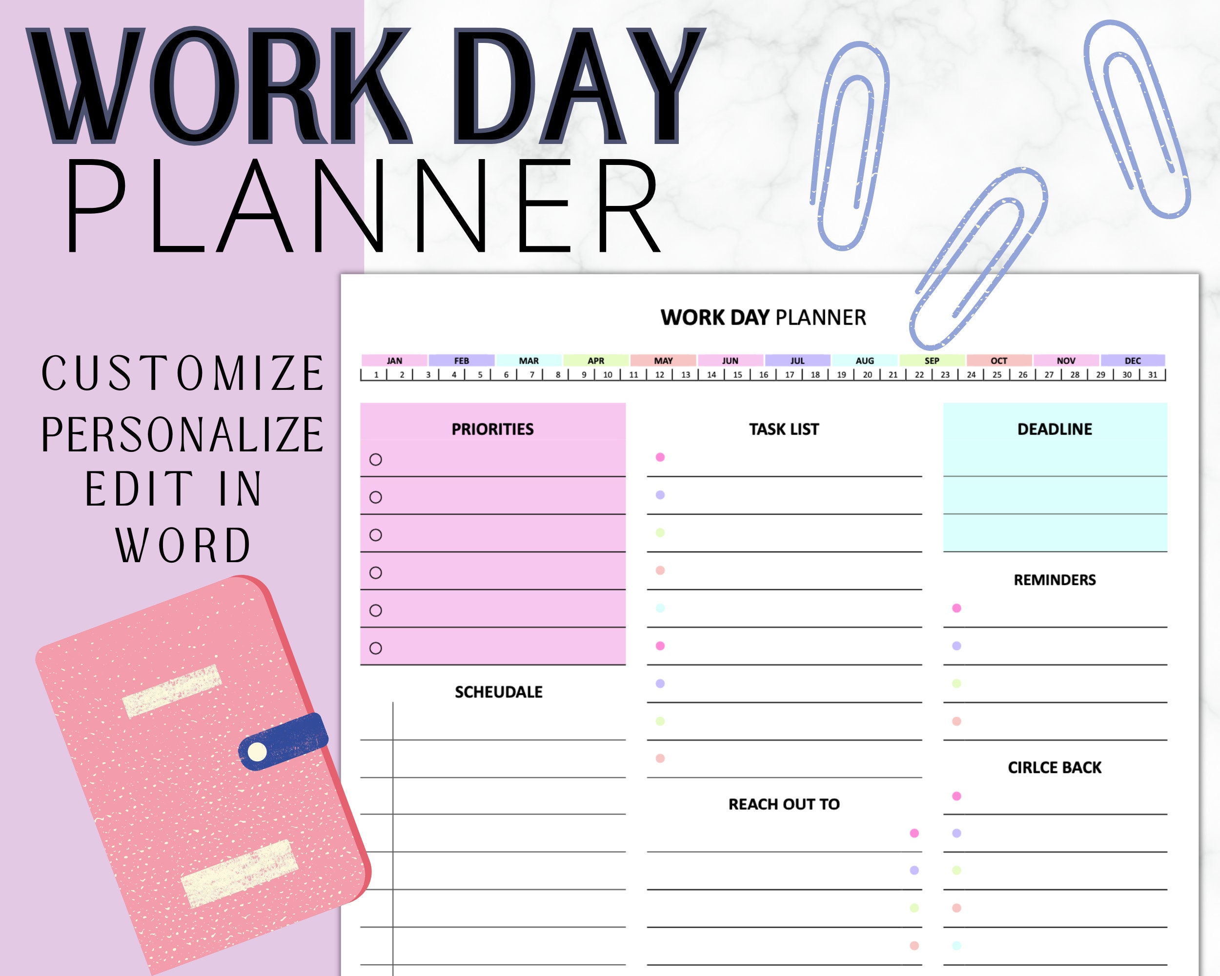EDITABLE Work Planner Work Day Organizer Editable Daily Planner ...