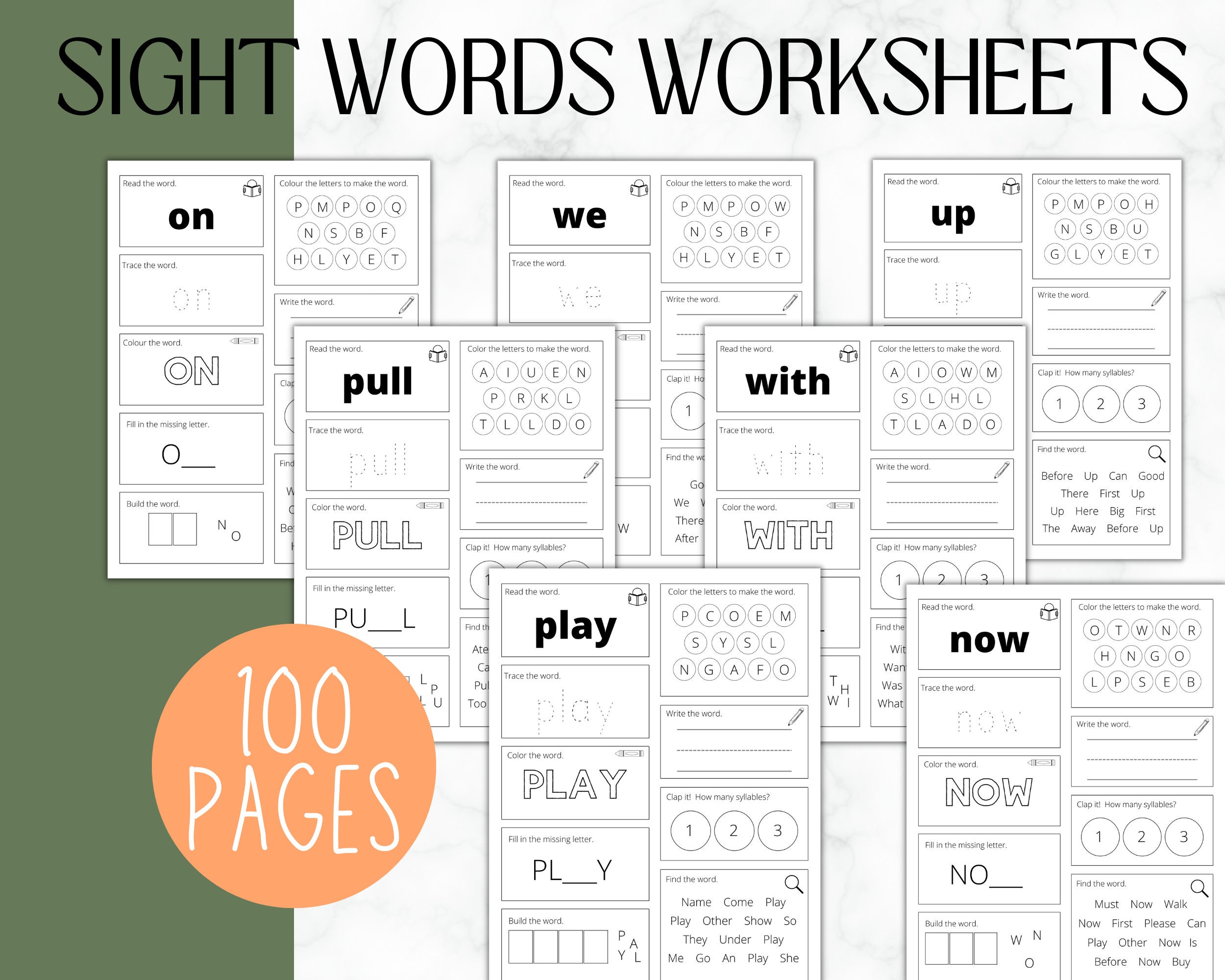 100 Printable Sight Words Kindergarten Worksheets Practice Spelling ...