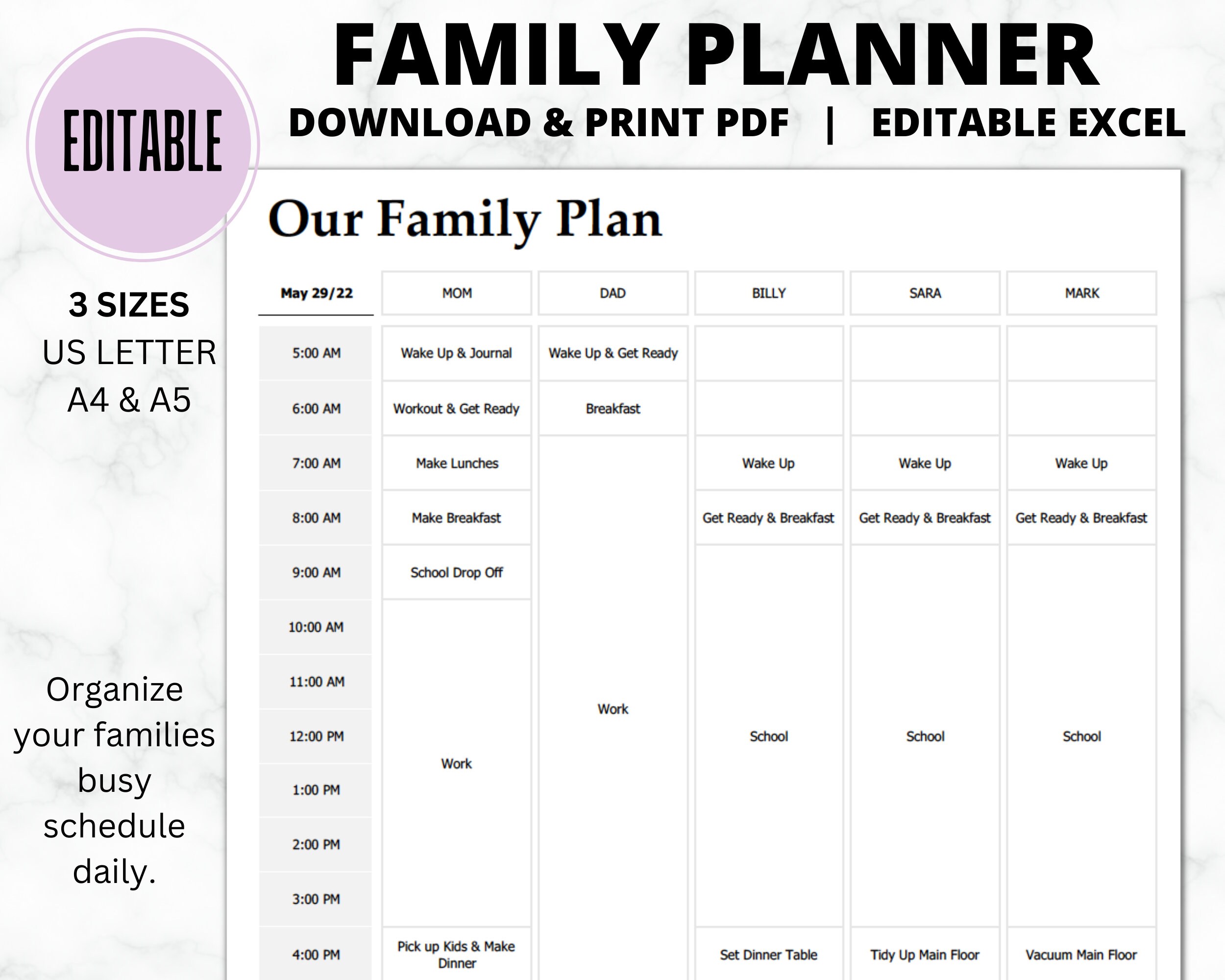 EDITABLE Daily Family Planner Schedule Hourly Planner Family Organizer ...