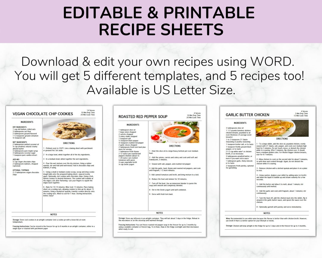 EDITABLE Recipe Template | WORD Recipe Template | Minimalist Design ...