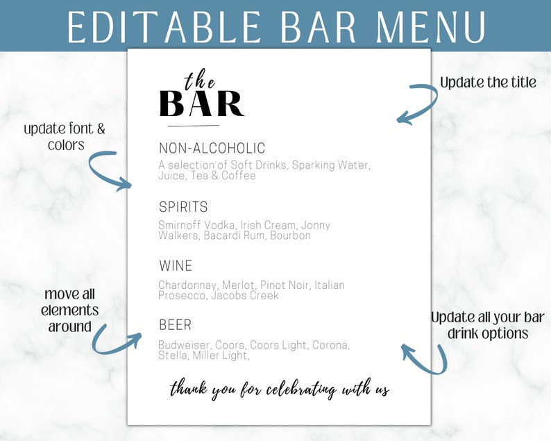 Editable Bar Menu Template | Customizable Drink List for Weddings ...