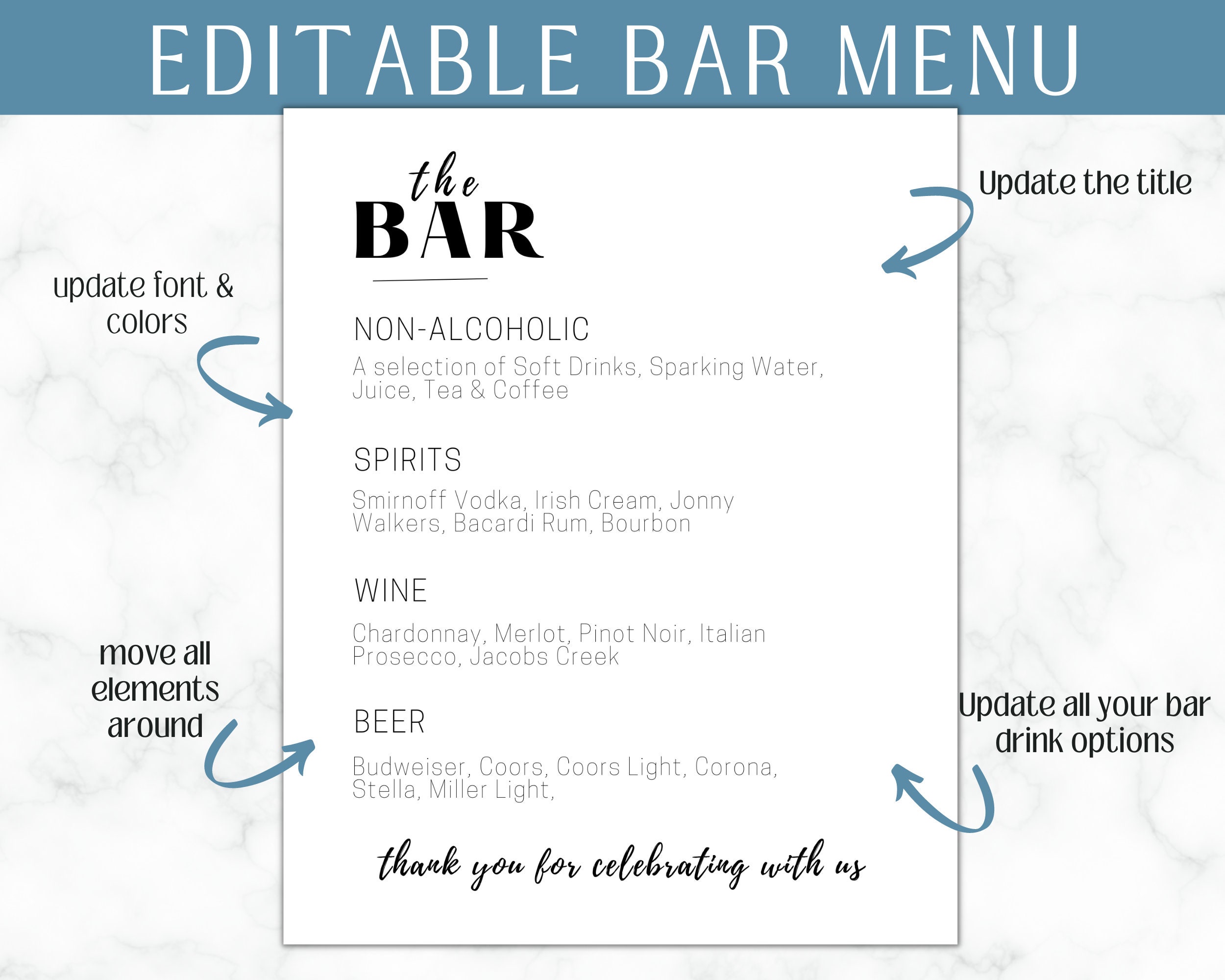 Editable Bar Menu Template Customizable Drink List for Weddings ...