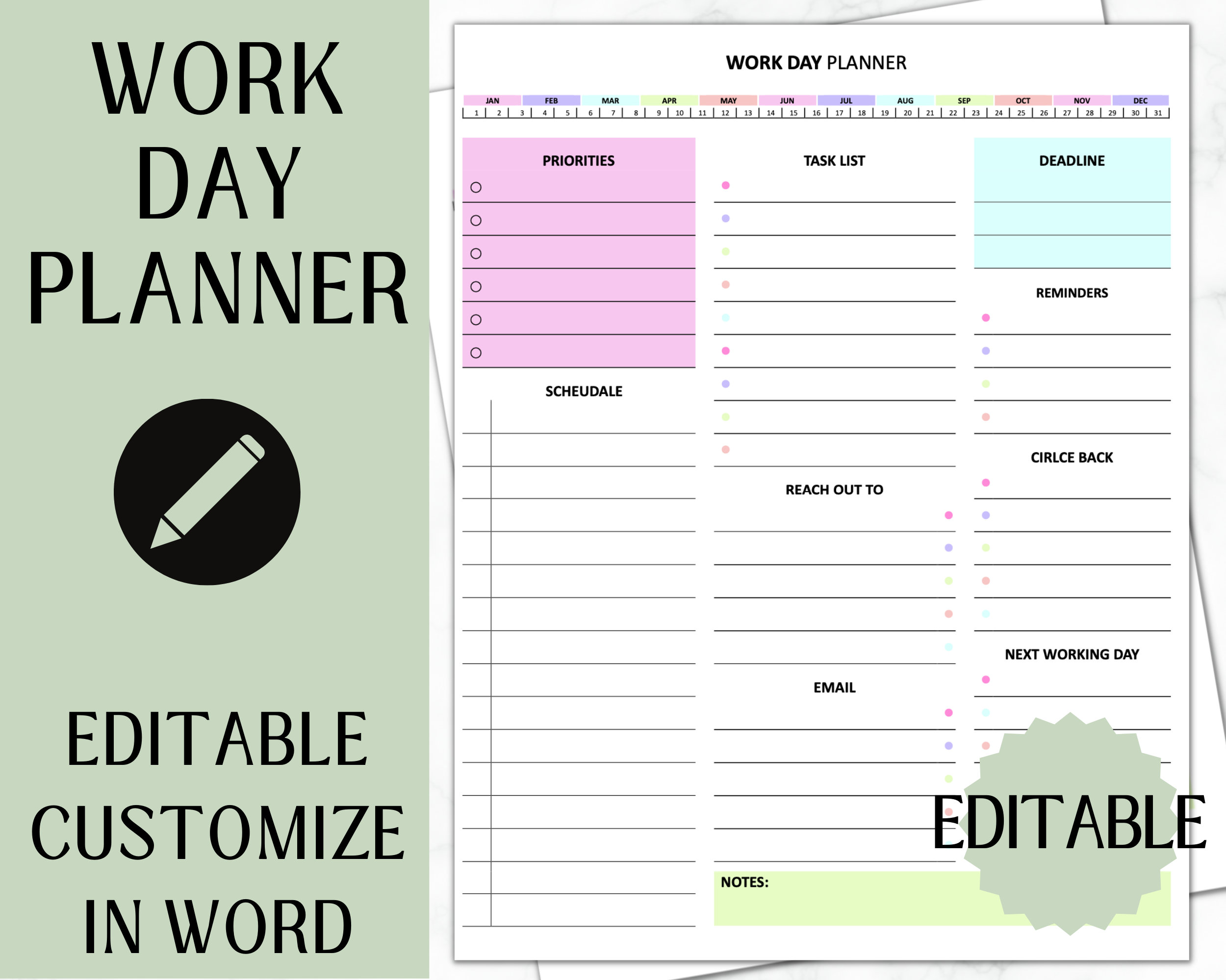 EDITABLE Work Planner Work Day Organizer Editable Daily Planner ...
