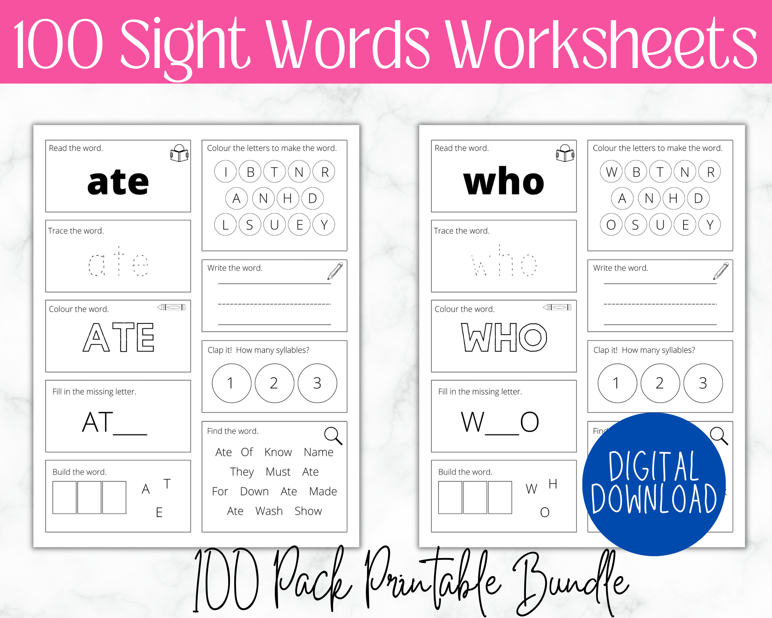 100 Printable Sight Words Kindergarten Worksheets Practice - Etsy Canada