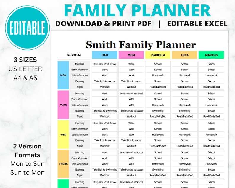 EDITABLE Daily Family Planner Schedule | Hourly Planner | Family ...