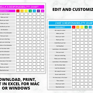 EDITABLE Responsibility Chart Printable | Chore Chart | Kids Reward ...