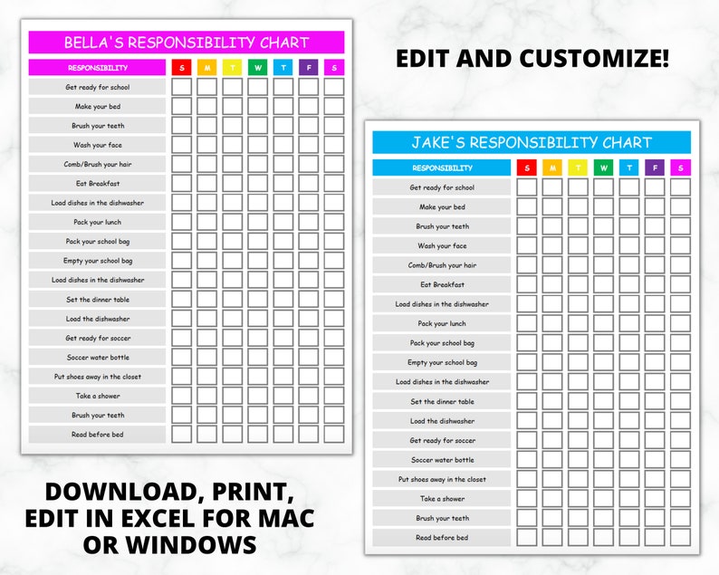 EDITABLE Responsibility Chart Printable Chore Chart Kids Reward Planner ...