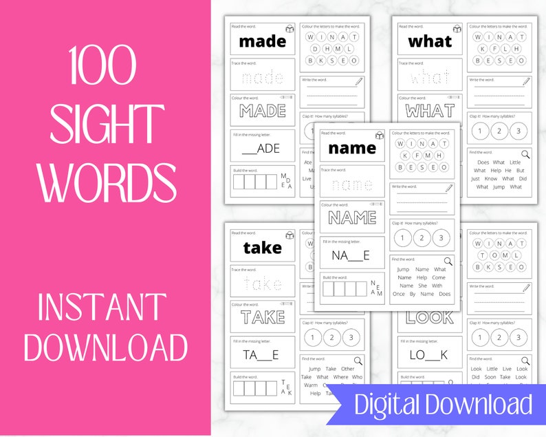 100 Printable Sight Words Kindergarten Worksheets Practice Spelling ...