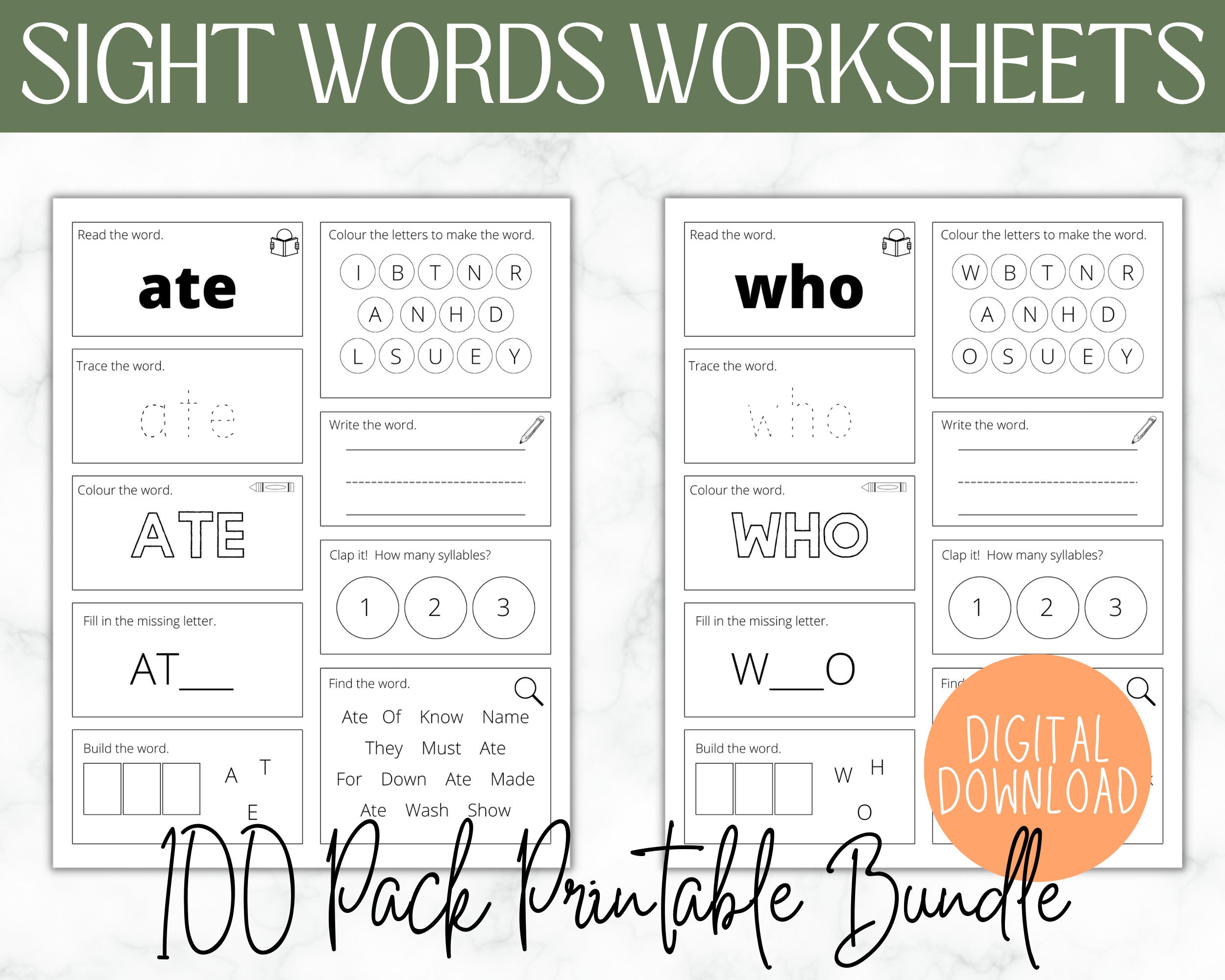 100 Printable Sight Words Kindergarten Worksheets Practice Spelling ...
