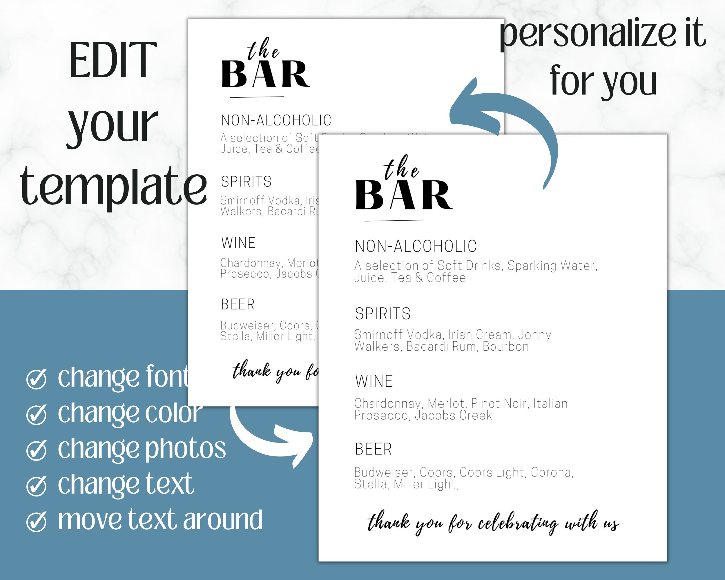 Editable Bar Menu Template Customizable Drink List for Weddings ...