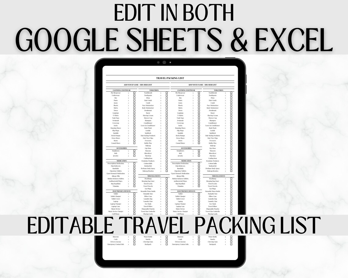 Travel Packing List Google Sheets Packing Checklist EDITABLE Wedding ...