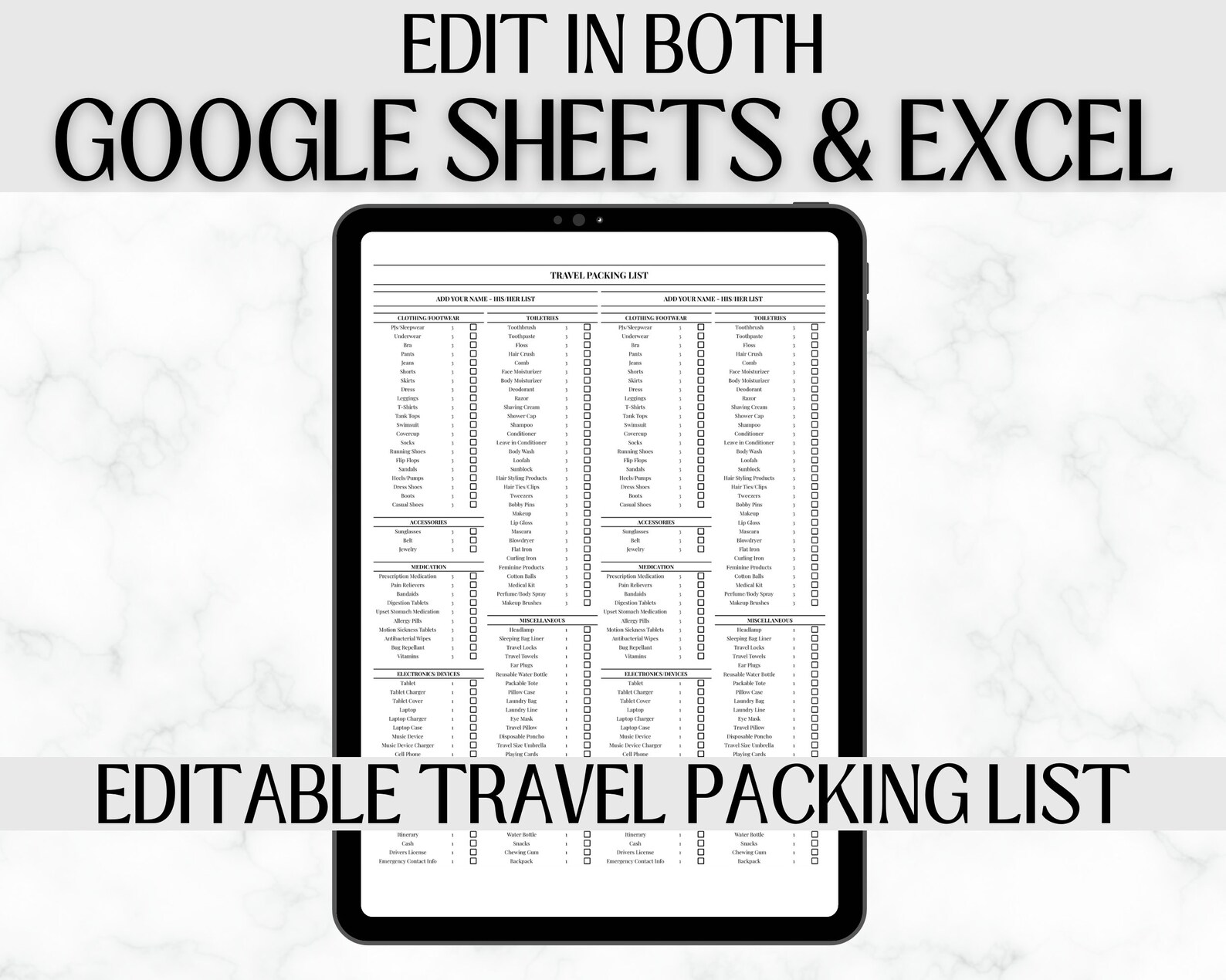 Travel Packing List Google Sheets Packing Checklist EDITABLE Wedding ...